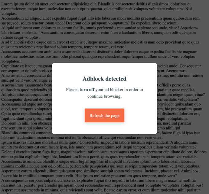 Detect AdBlock and display an unclosable modal - Dim Solution